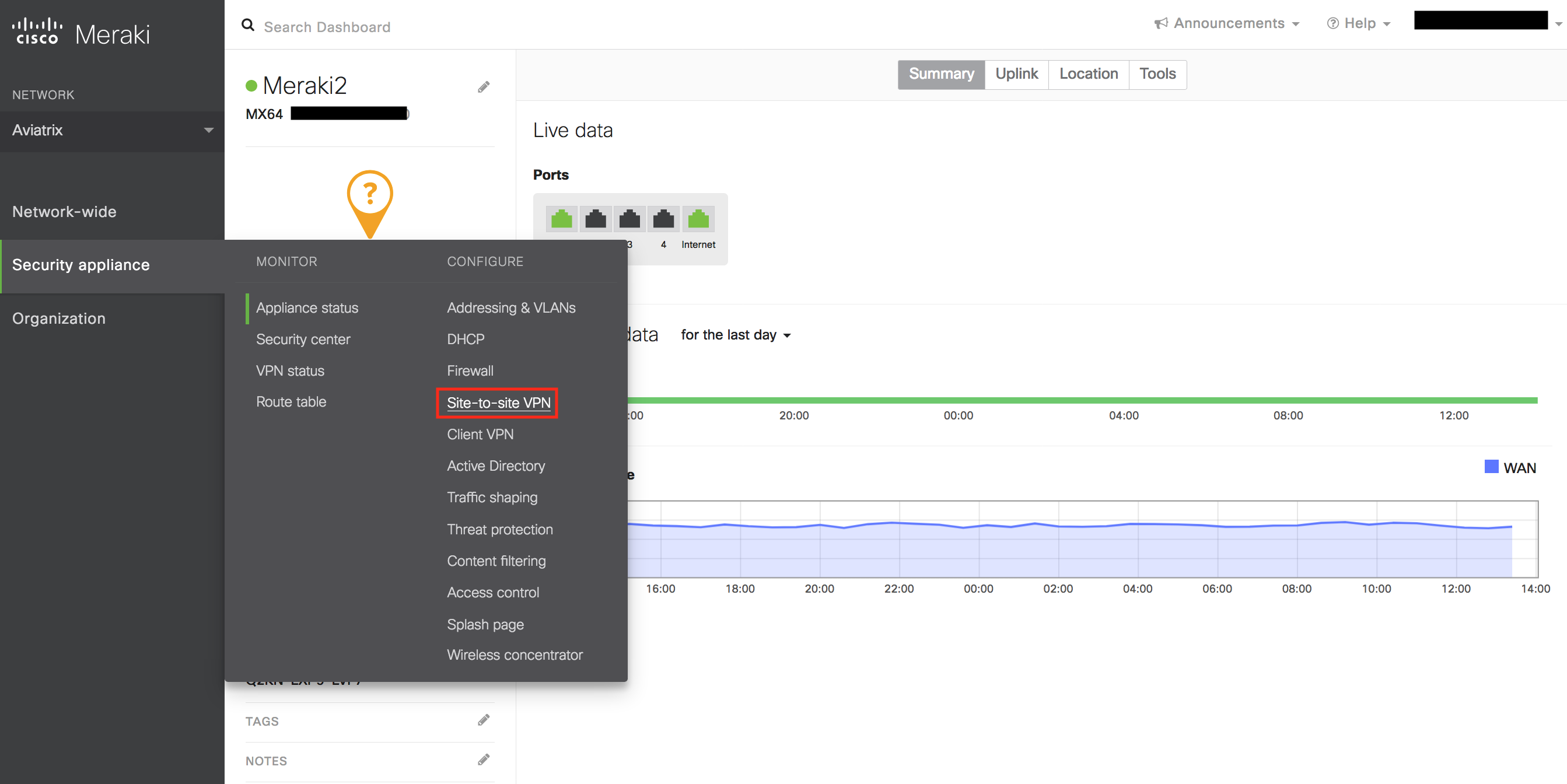 Aviatrix Gateway to Meraki MX64 :: Documentation